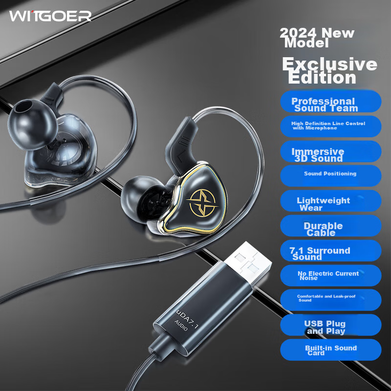 WITGOER [Upgraded Lossless Chip | Professional Sound Tuning] Computer Headset with Microphone, Two-In In-Ear USB Interface Microphone, for Desktop And Laptop, Wired Gaming