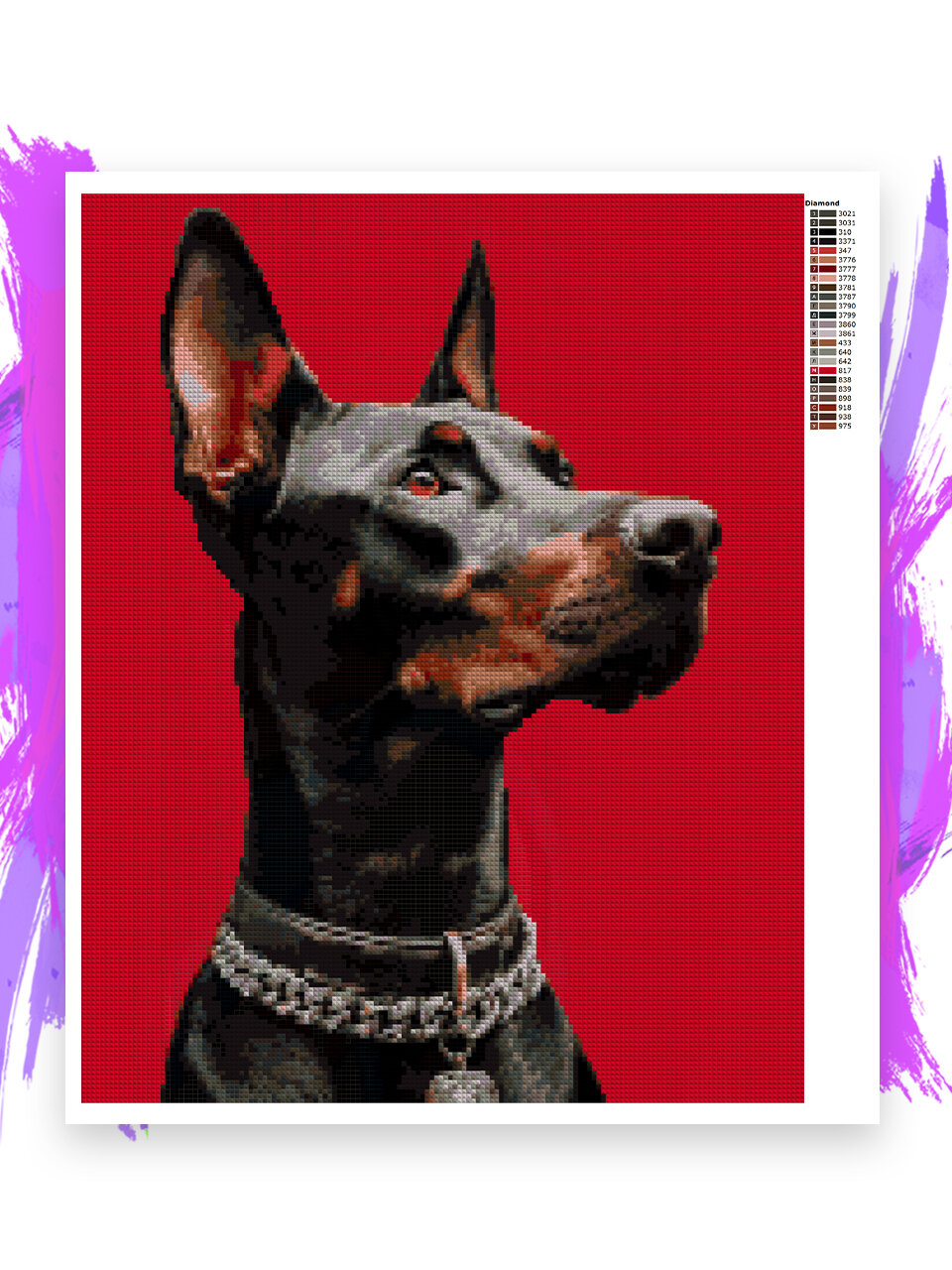 Алмазная мозаика без подрамника - вышивка Доберман на красном фоне 40 х 50 см
