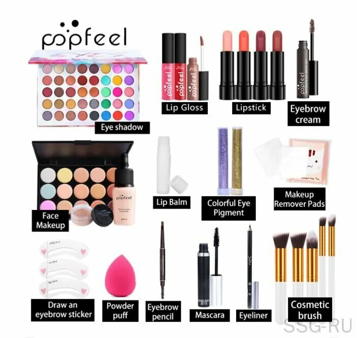 Полный набор косметики: палетка теней для век, жидкая тональная основа, палетка консилера, крем для губ, набор инструментов для макияжа с косметичкой