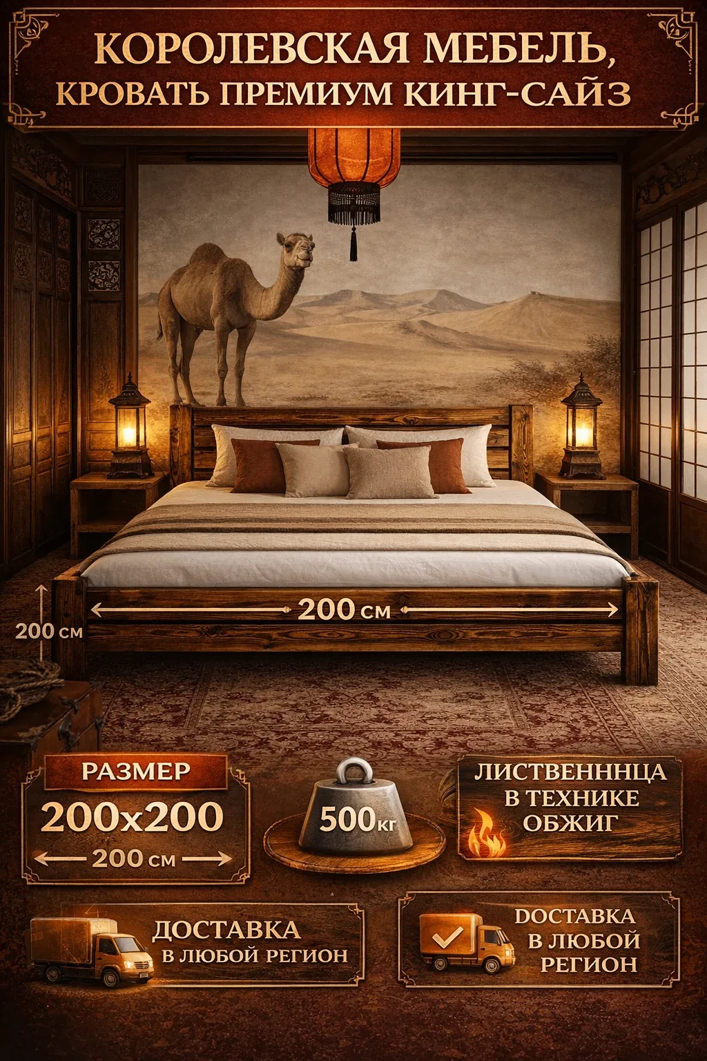 Кровать 200х200 разборная из лиственницы двуспальная, обожжённое дерево