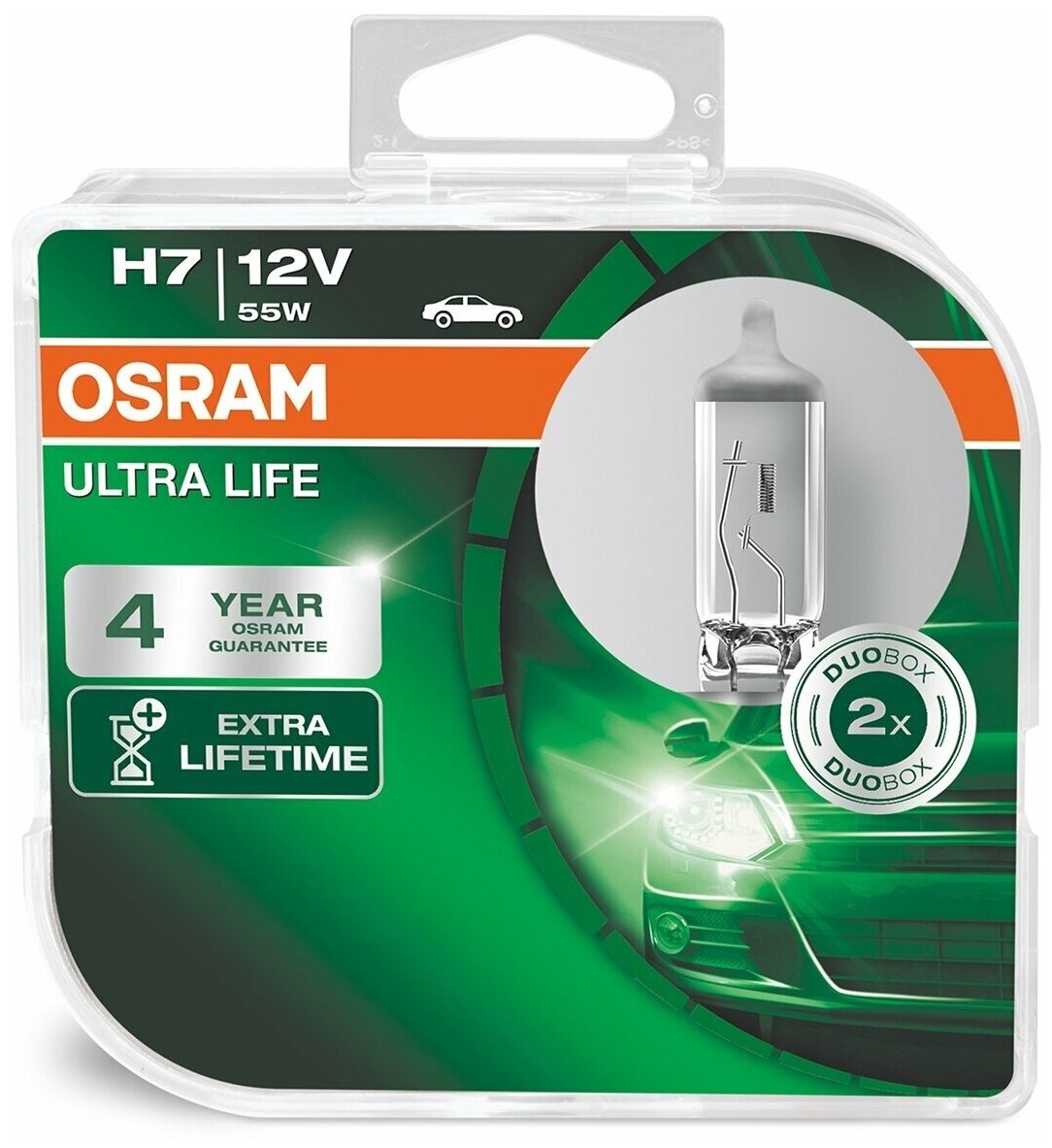 Лампа автомобильная галогенная Osram ULTRA LIFE, H7, 12V, цоколь PX26d, 2 шт