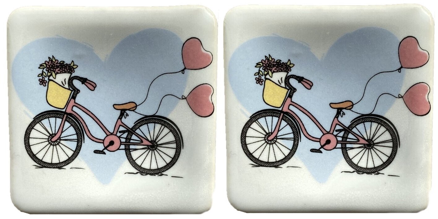 Ручки мебельные фарфоровые, ручной работы. Квадратные с изображением велосипеда. покрытые глазурью. 2 шт. + 2 шт. винта. ,