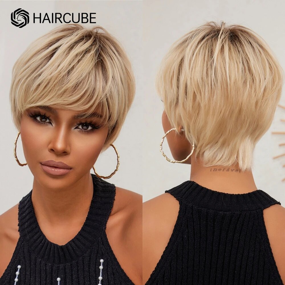 Короткая прямая парик HAIRCUBE, коричневый, швейцарское кружево HTWIG002-4