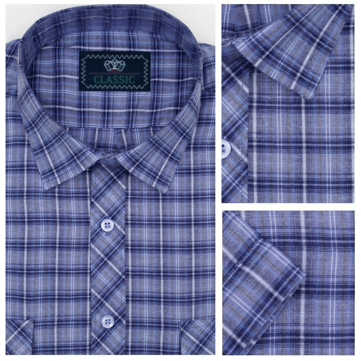 Рубашка Рубашка мужская с коротким рукавом, приталенная, темная сорочка, на пуговицах, рубаха на любой сезон, стильный фасон одежды, синяя, клетка, с карманами, летняя