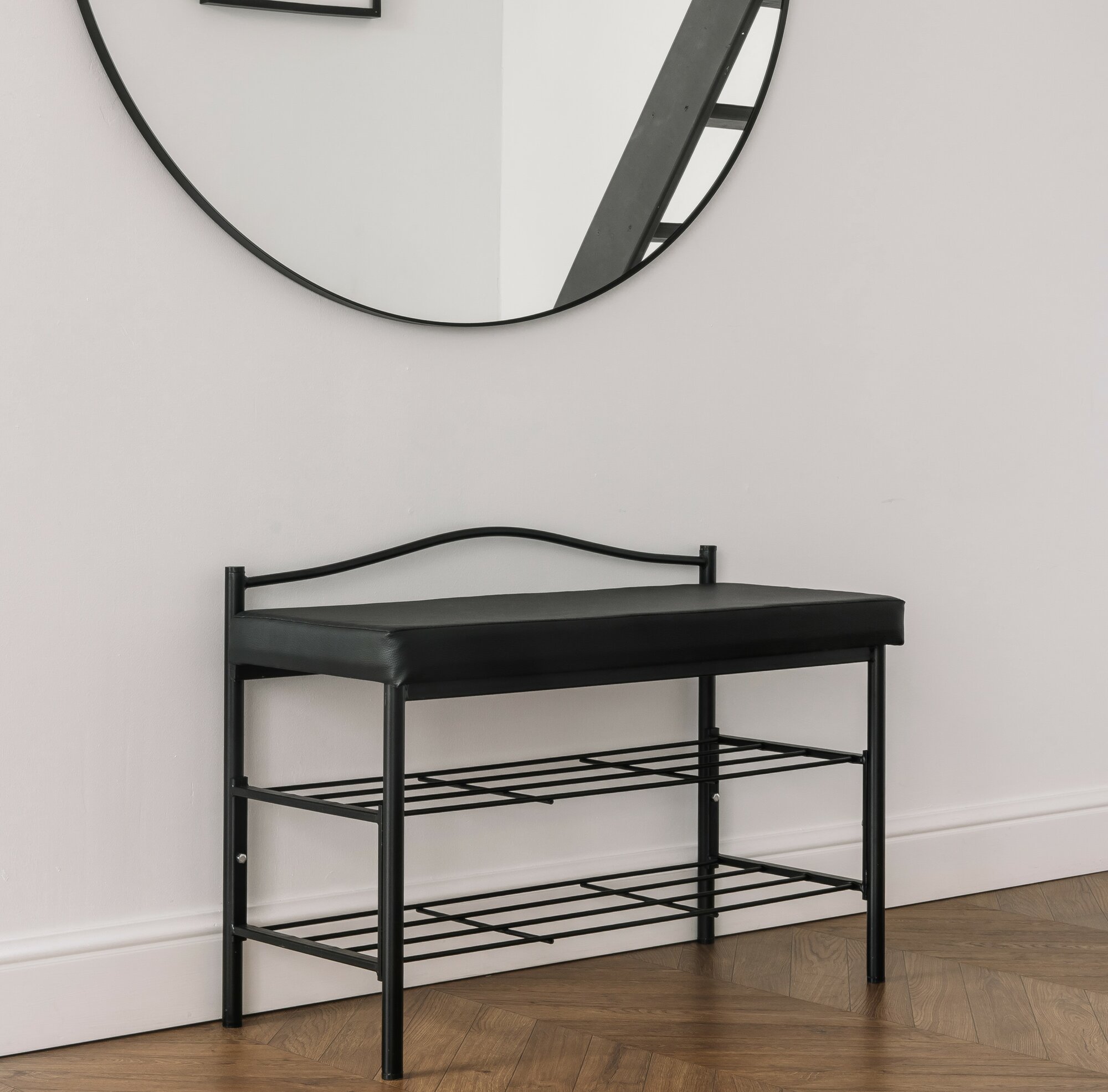 Обувница мягкая банкетка с сиденьем чёрная поллет, кожзам, 77*35*46 металлическая с полками