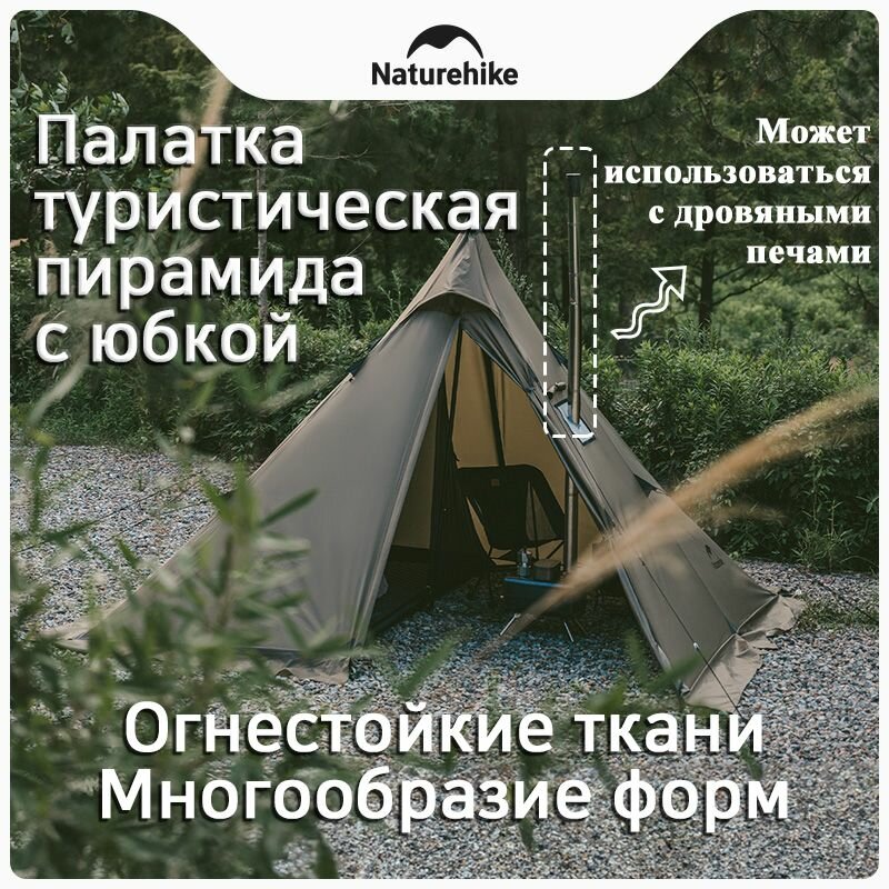 Палатка туристическая пирамида с юбкой, огнестойкие ткани, Naturehike Fire
