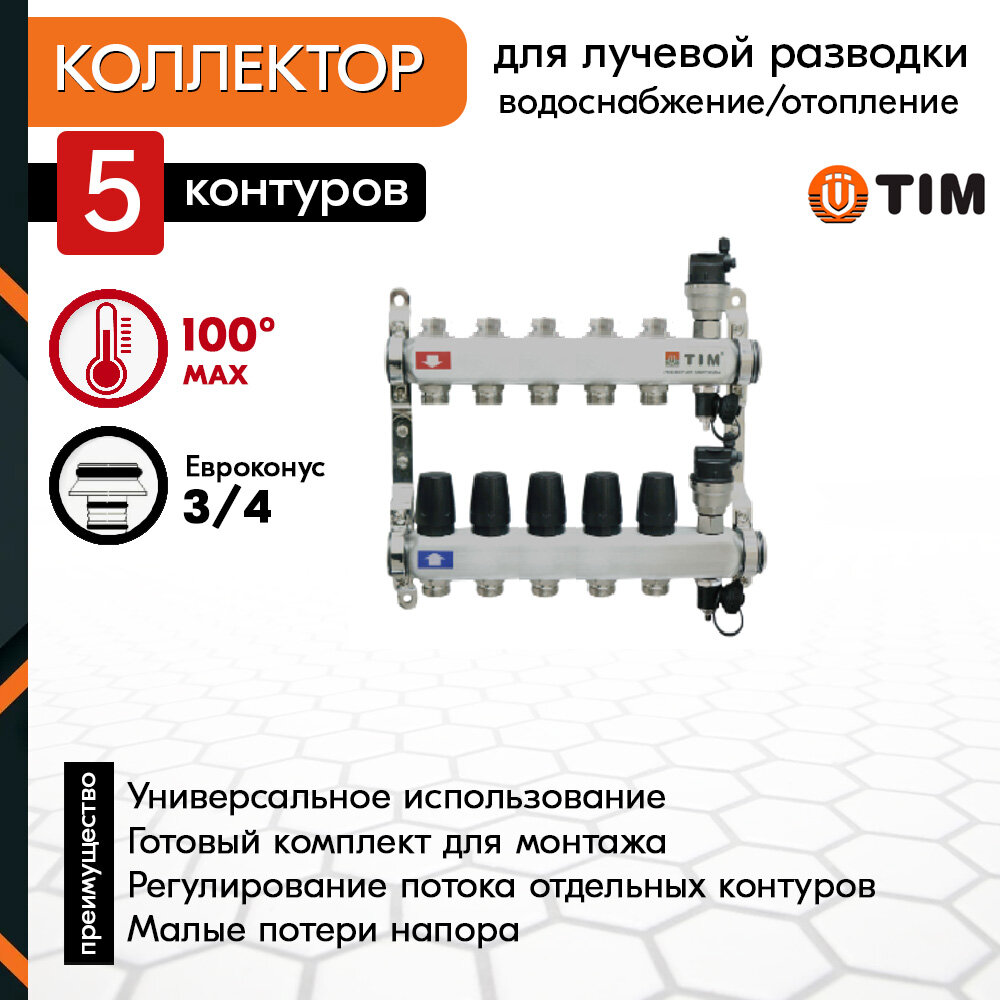 Коллектор для отопления TIM KBS5005 на 5 контуров без расходомеров и кранов