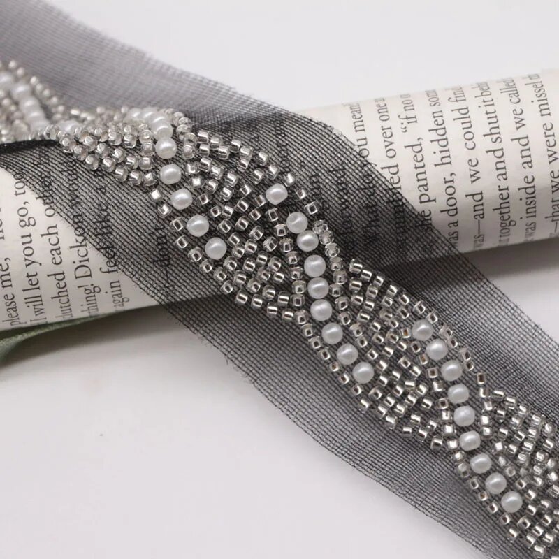 Белая черная вышитая тесьма с бисером 2 см black