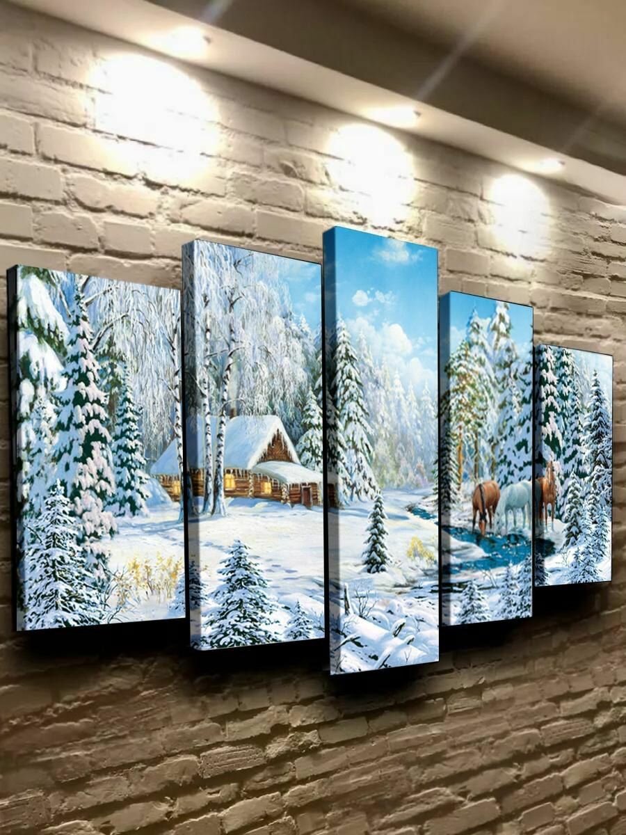 Modul007 Модульная картина для интерьера на стену "Зимний пейзаж" 140х80 из 5 модулей для гостиной для спальни для комнаты для интерьера