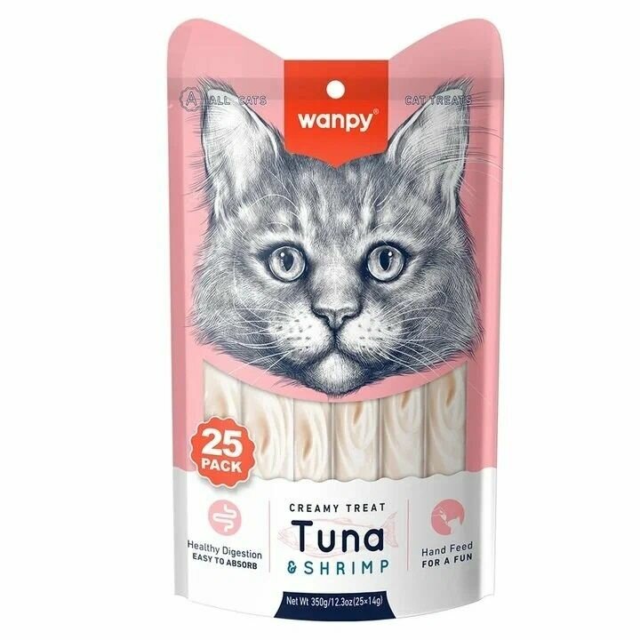 Wanpy Cat Лакомство для кошек Нежное пюре из тунца и креветок 25 шт по 14 гр