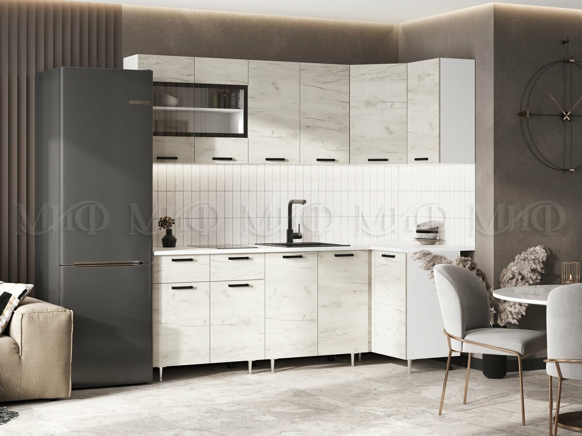 Кухня угловая Миф Рио NEW ЛДСП 2,2 х 1,0м (490) цвет Дуб Крафт Белый, столешница 26мм Кастилло темный