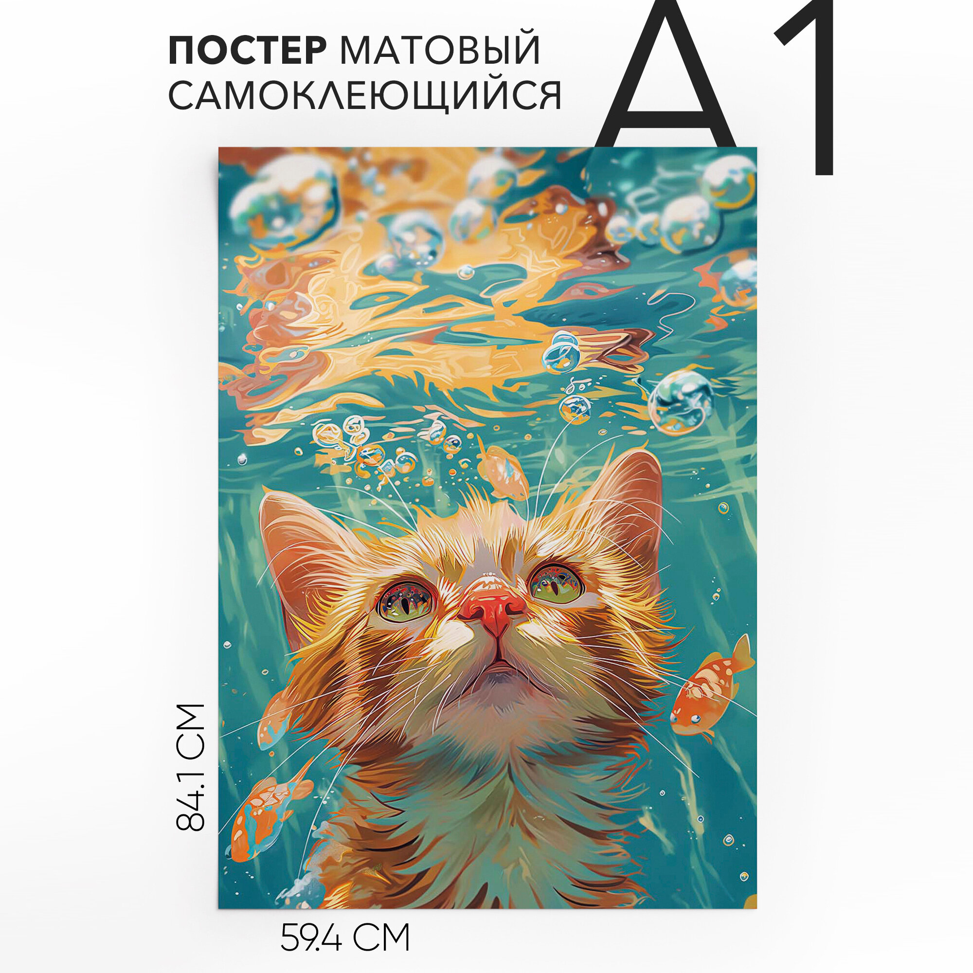 Постеры плакаты самоклеящийся, большой A1 Кот под водой, влагостойкий, для декора