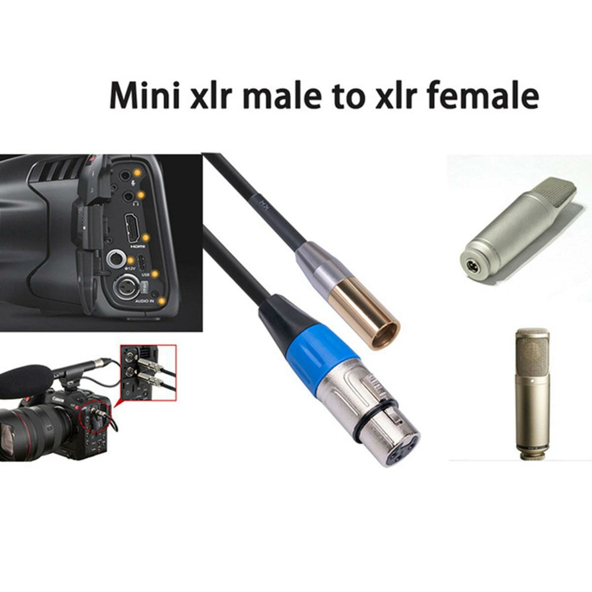 Кабель-адаптер REXLIS 1 фут Mini XLR Male to XLR Female, 3-контактный видеокабель Mini XLR to XLR, для камер BMPCC 4K BMPCC 6K Sony Canon