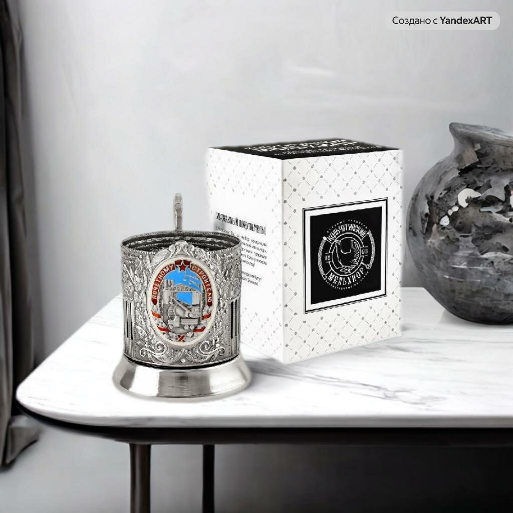 Подстаканник посеребренный с чернением и эмалью 'Строитель'