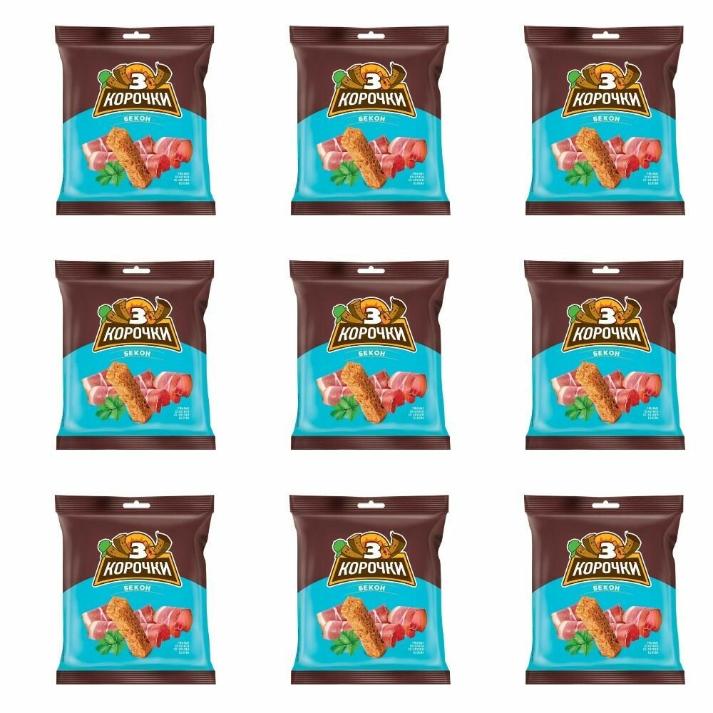 Сухарики ржано-пшеничные со вкусом бекона 3 Корочки, 40 г, 9 уп
