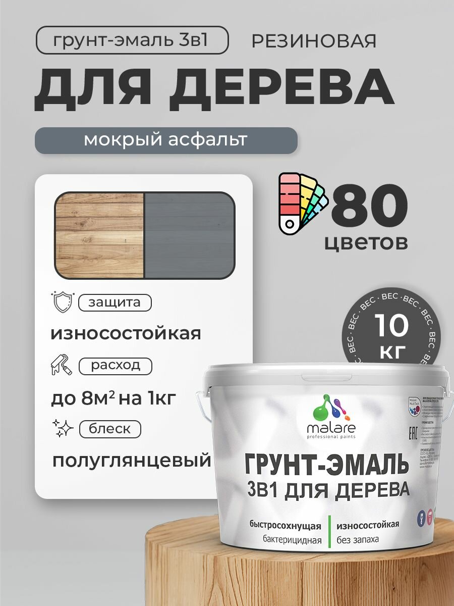 Резиновая Грунт-Эмаль 3 в 1 Malare для деревянных поверхностей/ краска по дереву с антисептическим эффектом/ быстросохнущая моющаяся без запаха полуглянцевая, мокрый асфальт, 10 кг