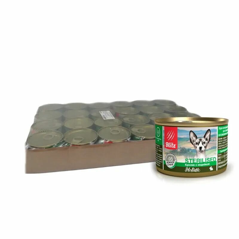 Консервированный влажный корм BLITZ Holistic Sterilised Cat для стерилизованных кошек (кролик с индейкой), 24 шт по 200 г
