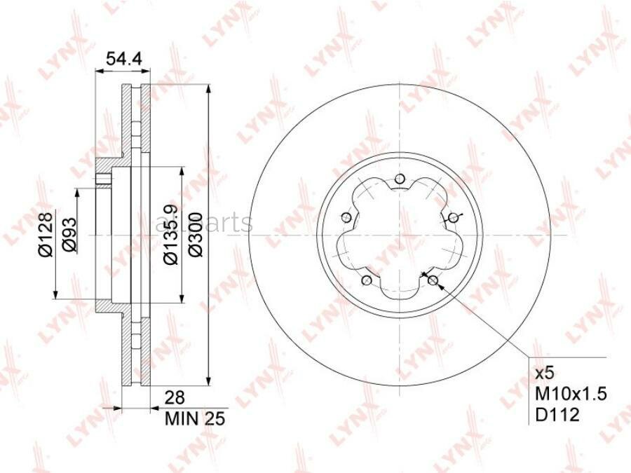 LYNXAUTO BN-1028 Диск тормозной FORD TRANSIT 06- пер. M10x1.5 вент. D 300мм.