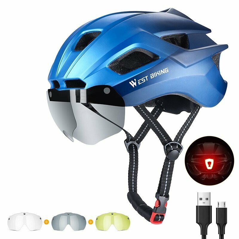 Шлем велосипедный West Biking с задним фонарём + 3 визора. Сертифицирован 16 CFR Part 1203. Цвет синий