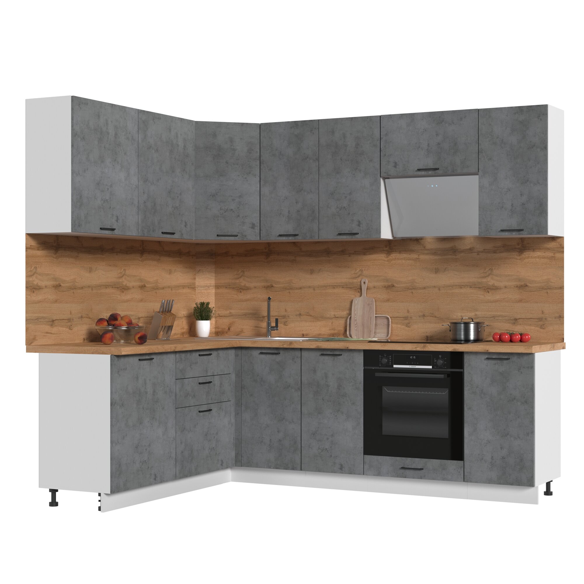 Кухонный гарнитур угловой, столешница Вотан 26мм, Кухня Венера 180х240см Белый/Бетон