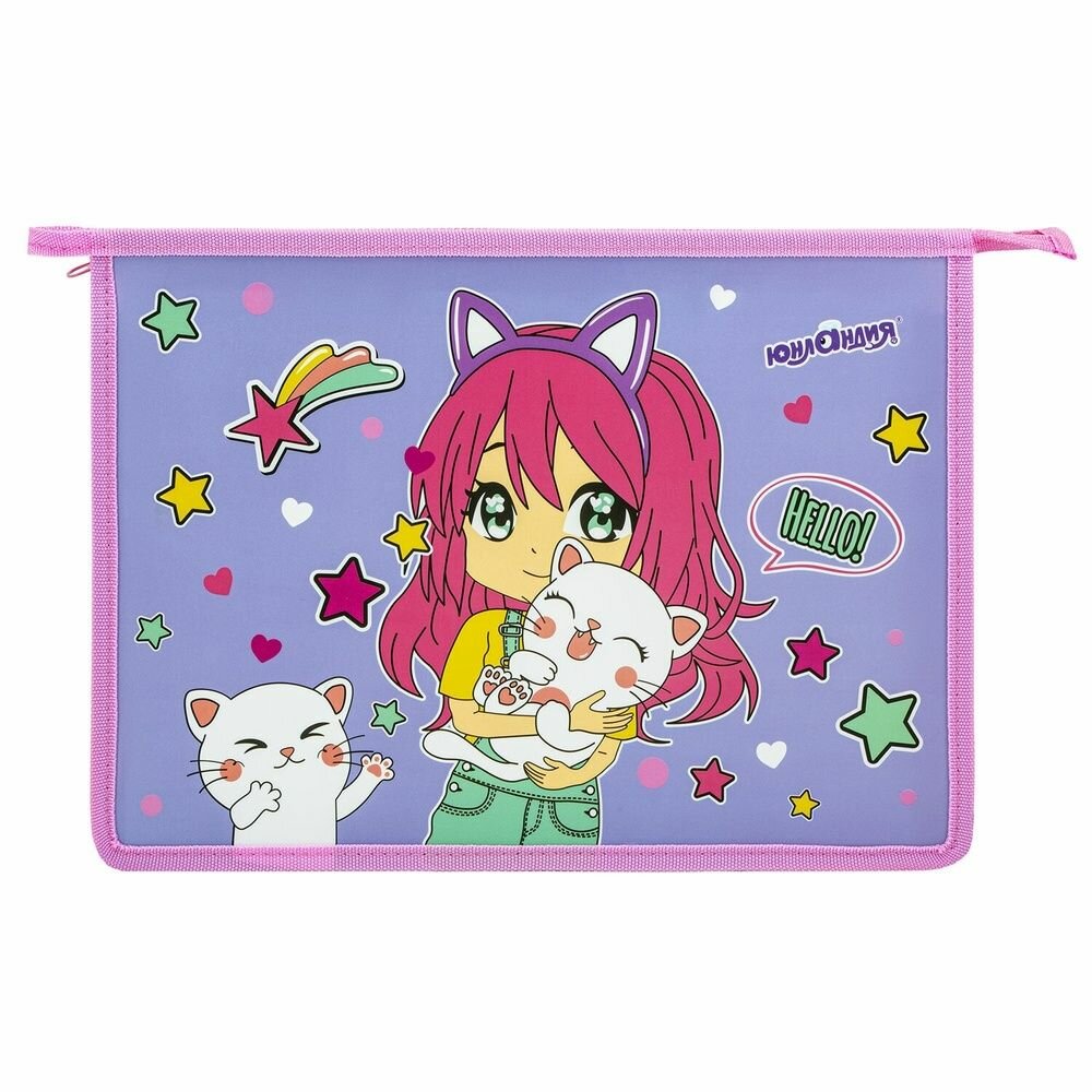 Папка для тетрадей на молнии Юнландия А4, 1 отделение, пластик, "Anime hugs"