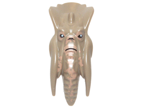 Minifigure, Head, Modified SW Geonosian Poggle the Lesser with Black Eyes, Nose and Mouth Pattern, 92752pb01 Dark Tan N