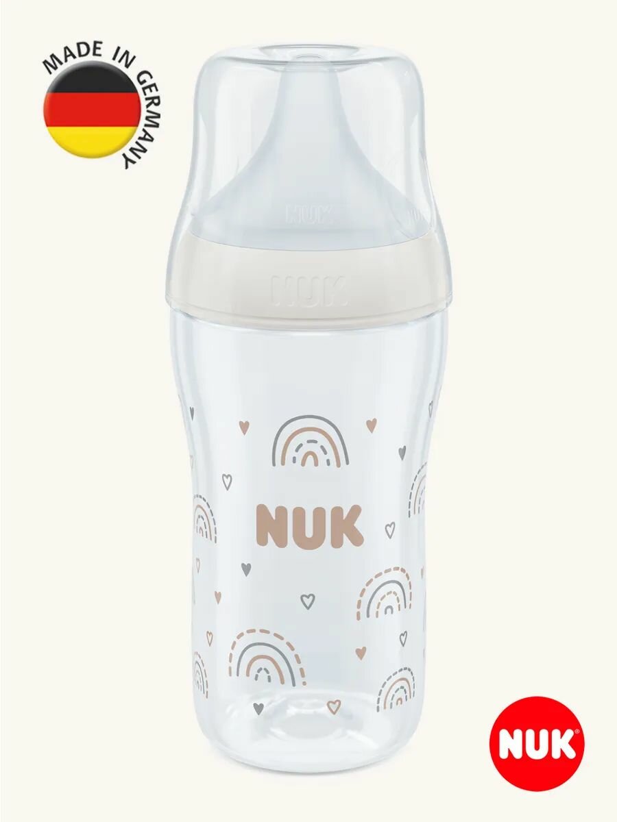 Бутылочка для кормления грудничка NUK из полипропилена с индикатором температуры 260 мл с соской из силикона со средним потоком, радуга для новорожденных полипропилен 260 мл