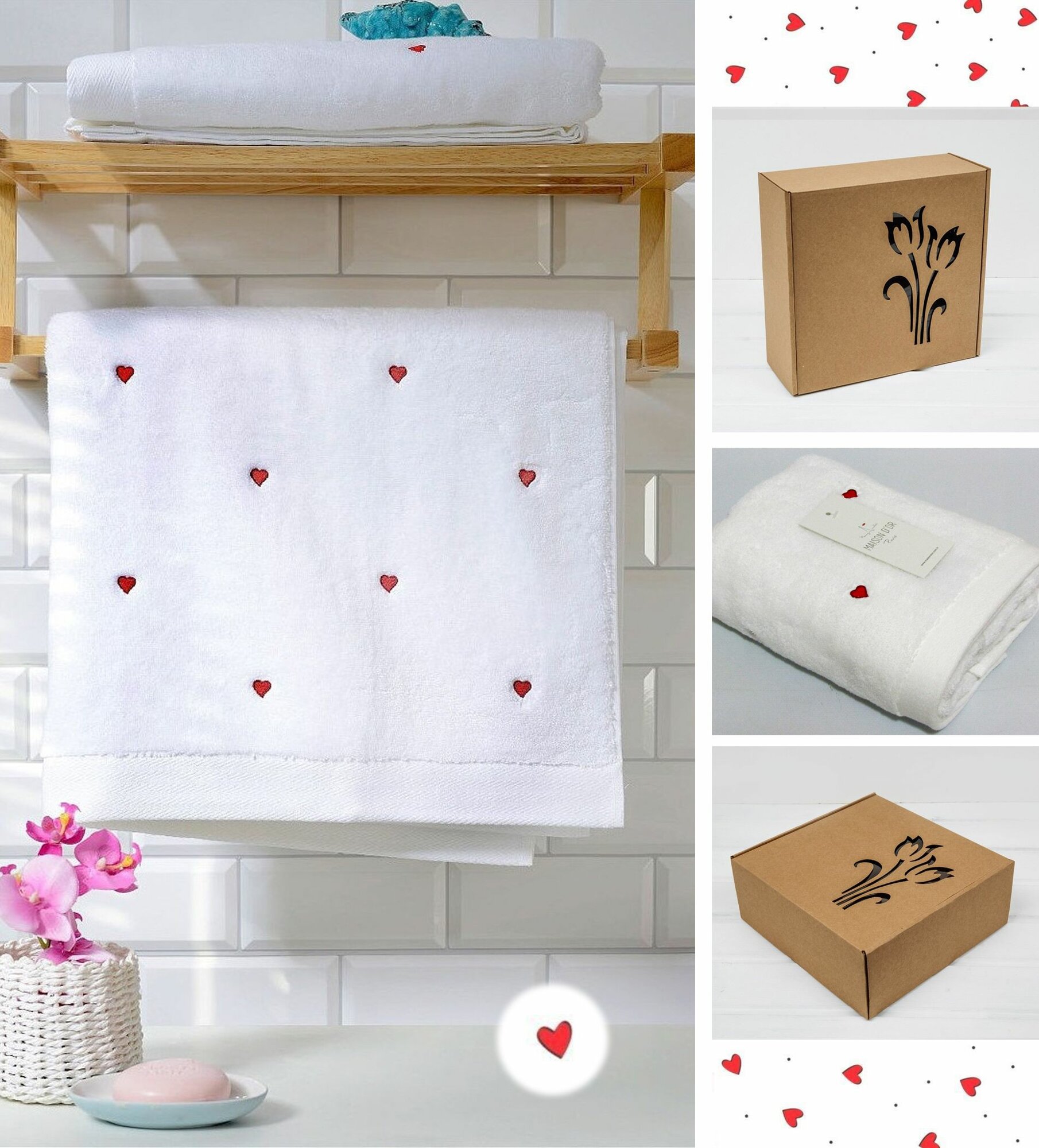 Полотенце Maison Dor LOVE KIRMIZI любовь (белое с красными сердечками) 50х100 + подарочная крафт коробка (цветы)