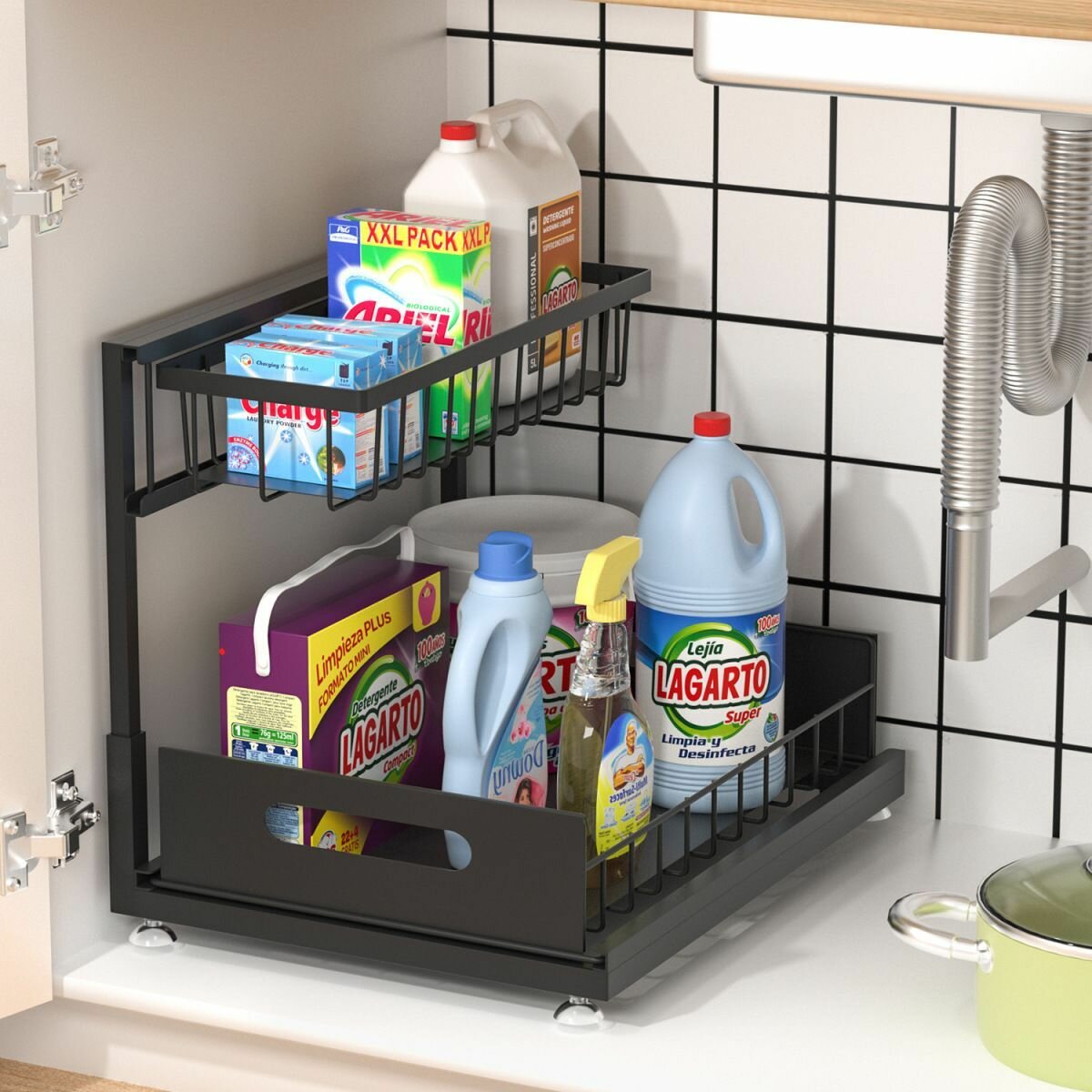 Вытягивающаяся полка под раковину и мойку для кухни. Кухонный органайзер под раковину и мойку с вытягиваемым ящиком — нержавеющая сталь, настенная, 27x33 см, для хранения моющих средств, удобный доступ
