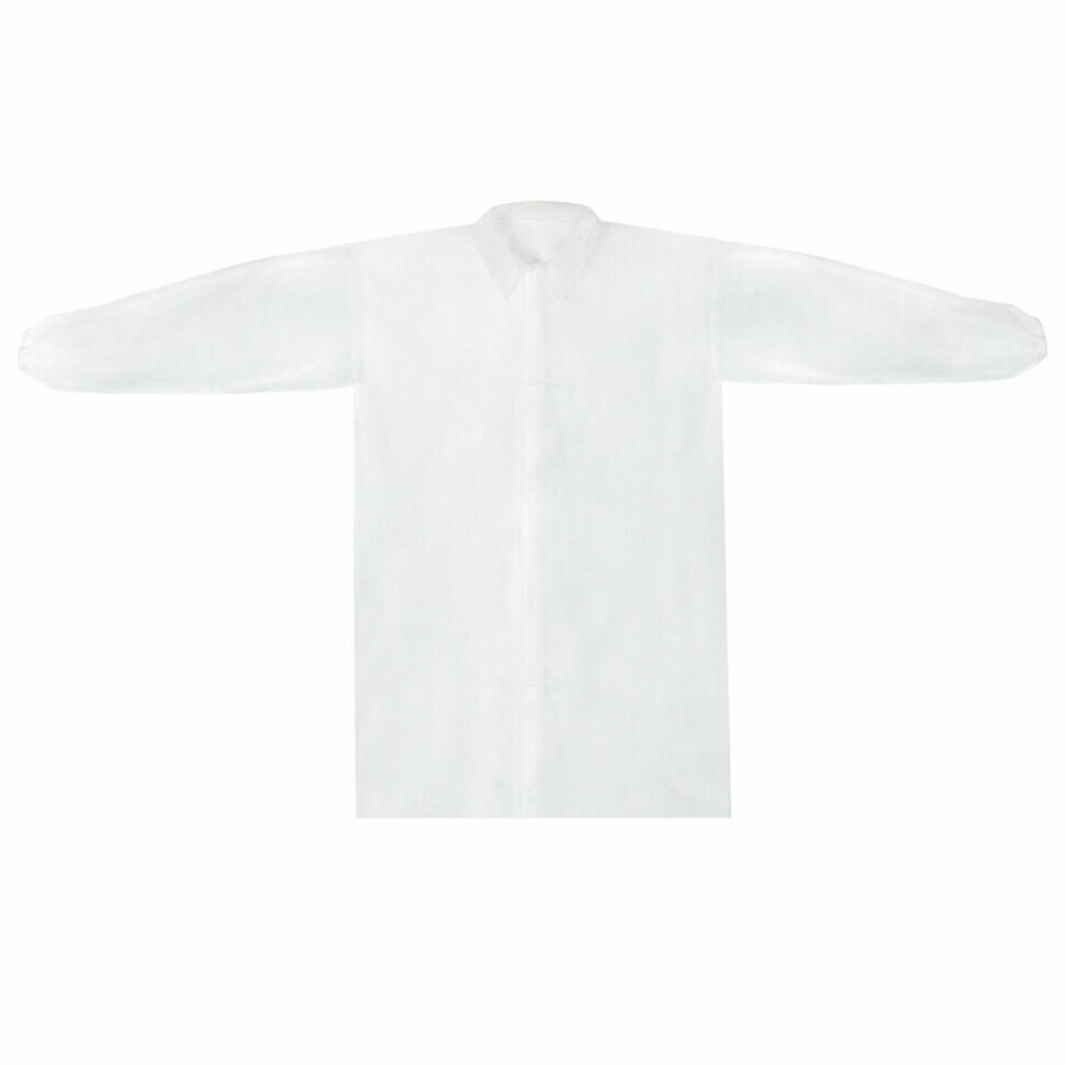 Халат одноразовый белый на липучках комплект 10 шт, XXL, 56-58 размер, 110 см, рукав на резинке, 30 г/м2, оптитрейд, 631248