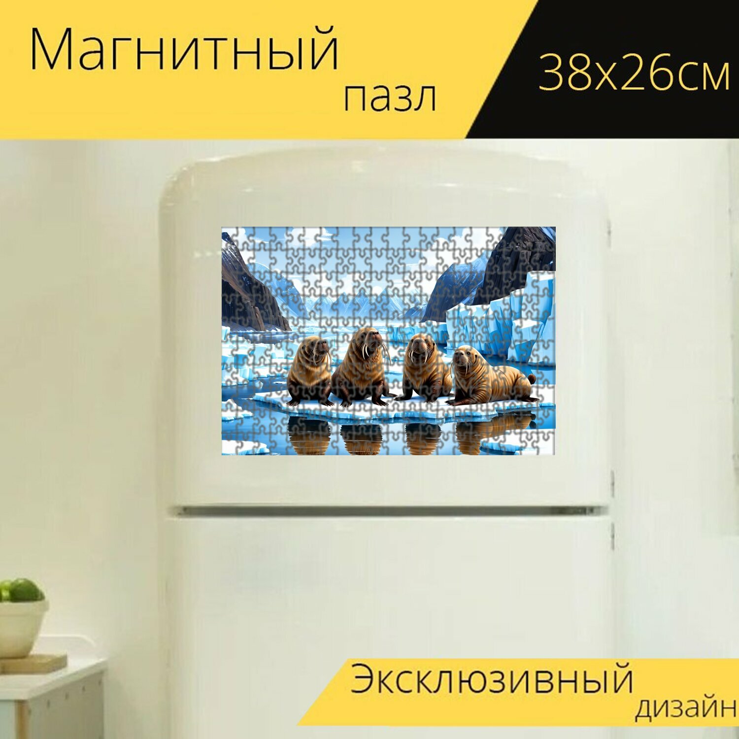 Магнитный пазл "На картине изображены четыре моржа, сидящих на ледяных берегах в арктическом пейзаже. Каждый морж имеет коричневую шкуру и выдающиеся клыки." для интерьера, 38х26 см.