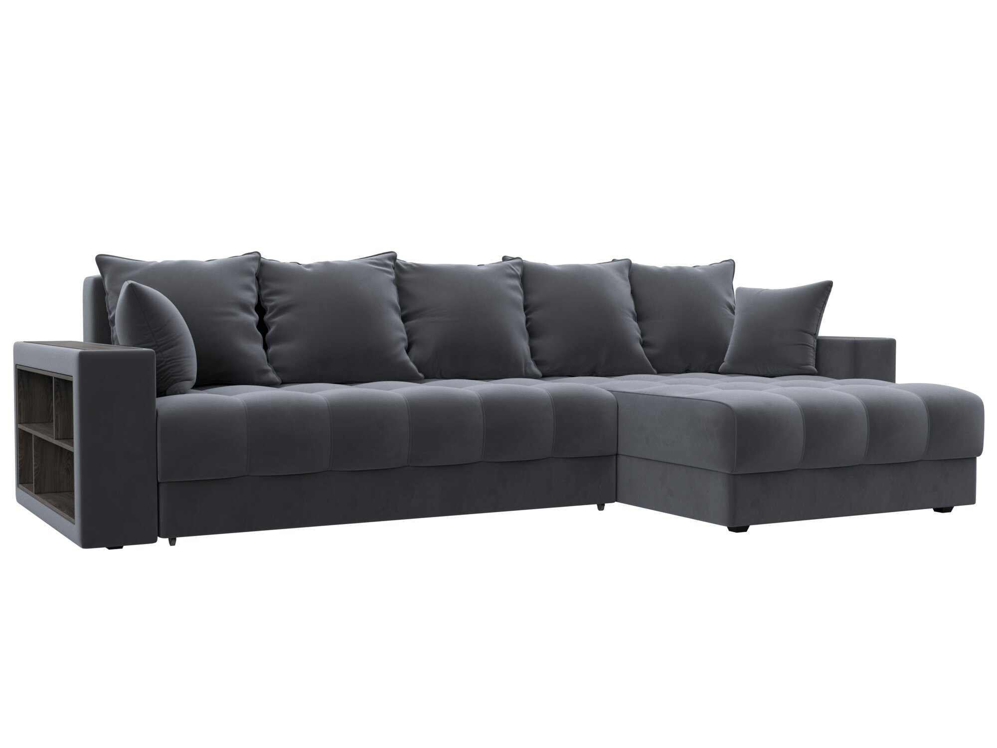 Диван угловой с декором и полкой Лига-050 НПБ угол универсальный, велюр SEVEN 17 серый