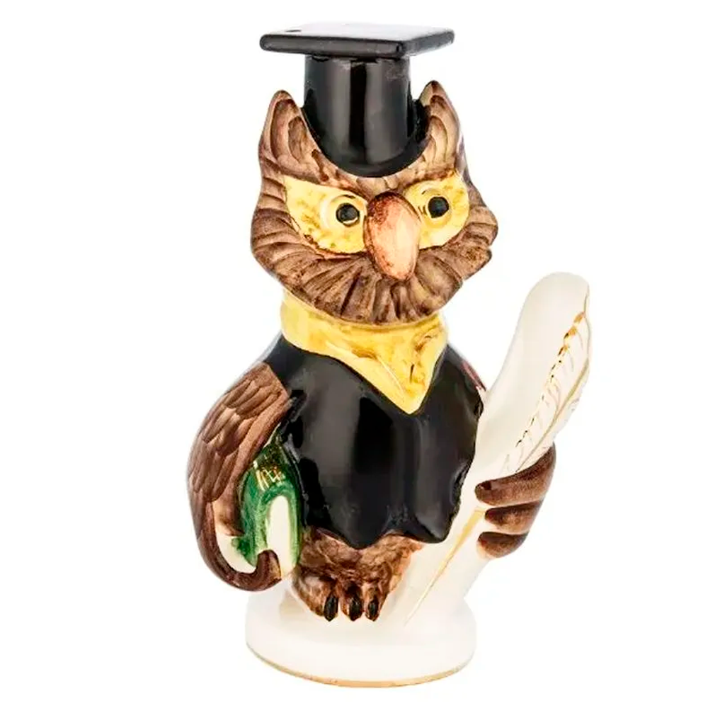 Фарфоровая фигурка ручной работы "Ученый Филин", (Цветная роспись)
