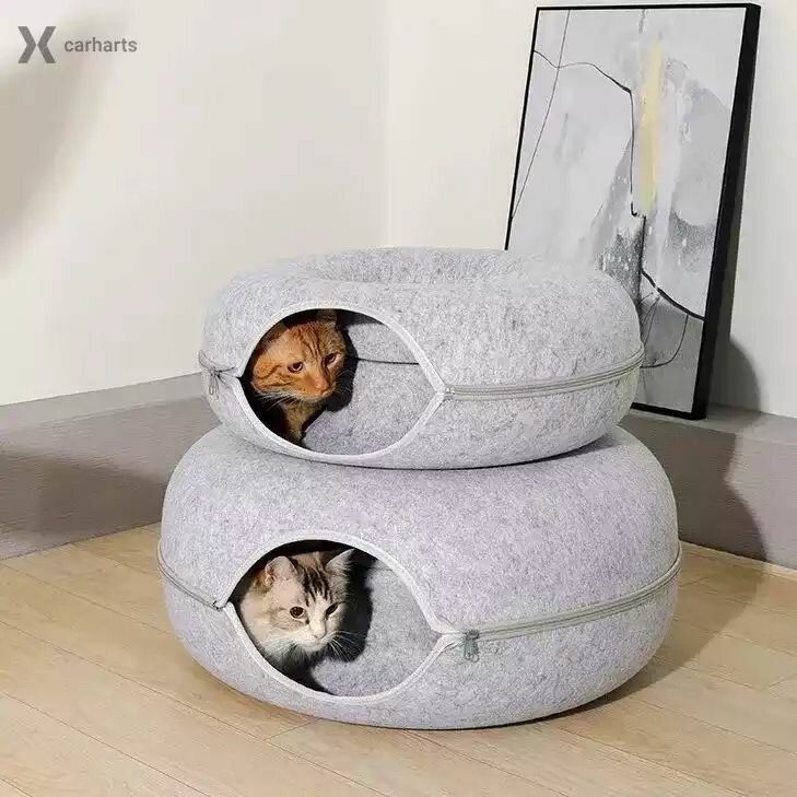 Домик - тоннель, Лежанка для животных, кошек и маленьких собак, мягкая, из войлока двухуровневая 50х50х20