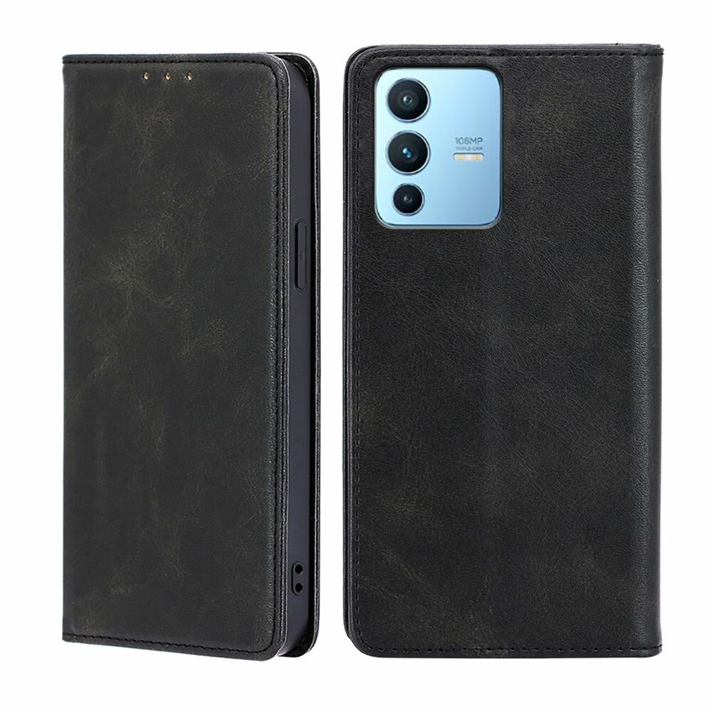 Чехол-книжка MyPads для Vivo V23 Pro / Виво V23 Про, Телячья кожа, закрывающаяся на магнит, черный