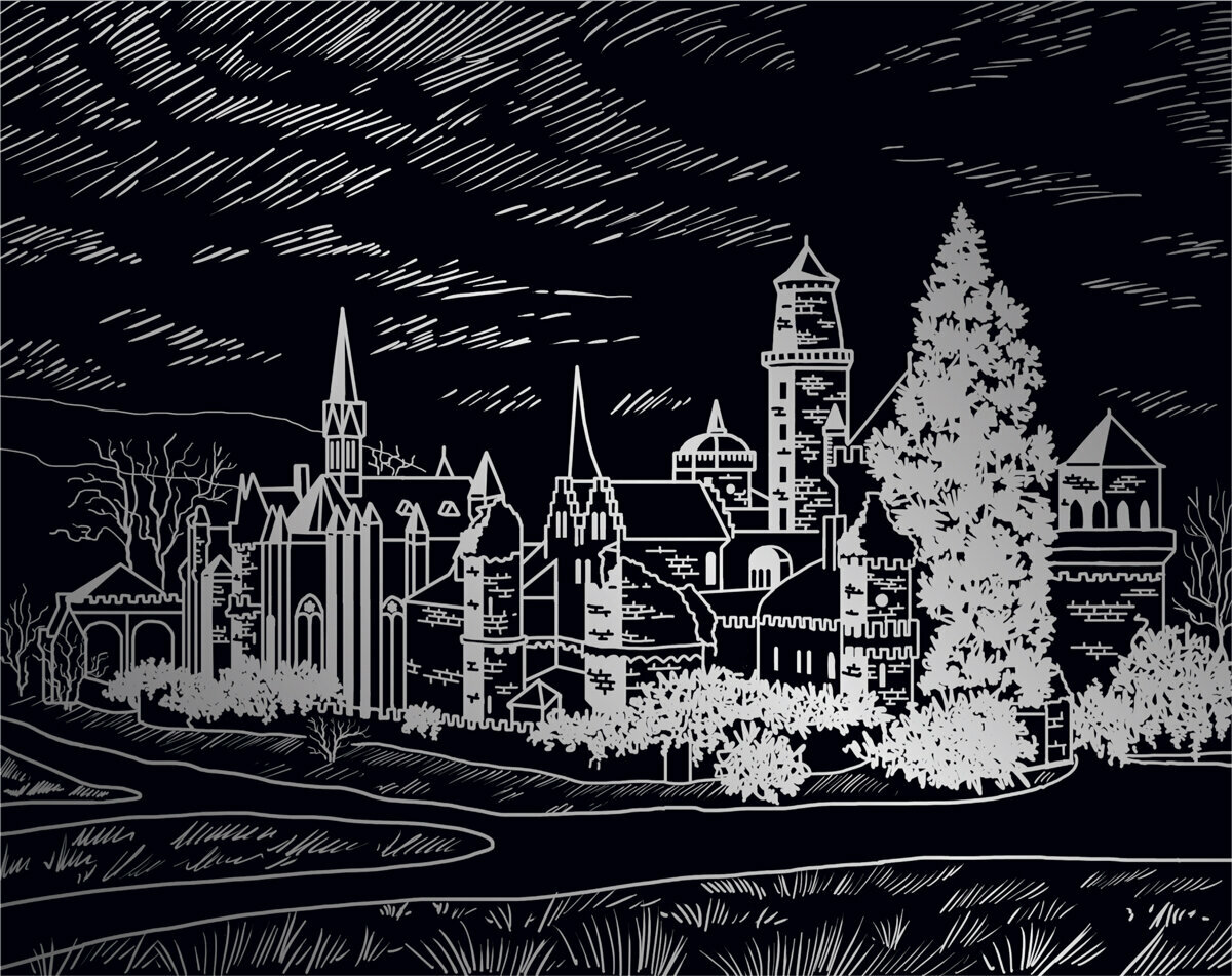 Hobbius SGHK-HT41 Набор для творчества Гравюра 20 x 25.5 см №54 Средневековый замок серебро