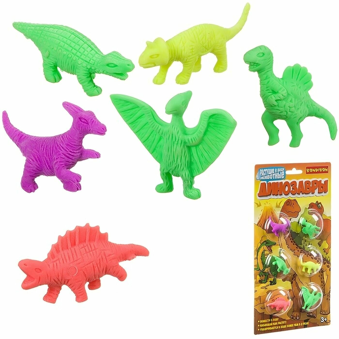 Растущая игрушка в воде Bondibon "Динозавры", набор для опытов и экспериментов, развивающая игра для малышей, 6 шт.