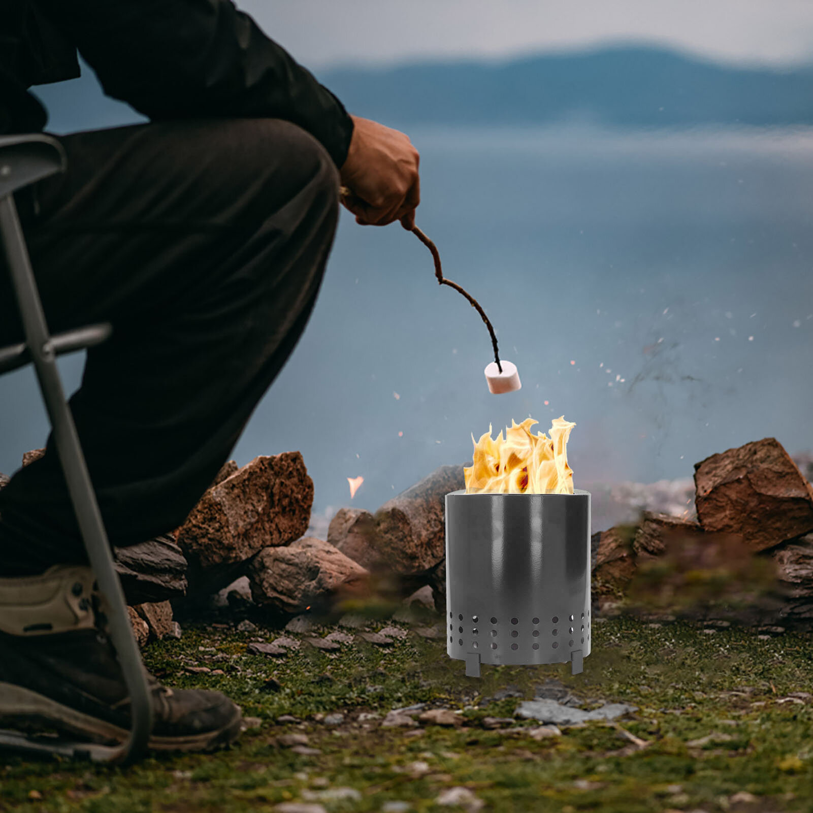 Портативная яма для костра, бездымная настольная яма для костра с подставкой, железные дровяные камины для кемпинга, двора, черный