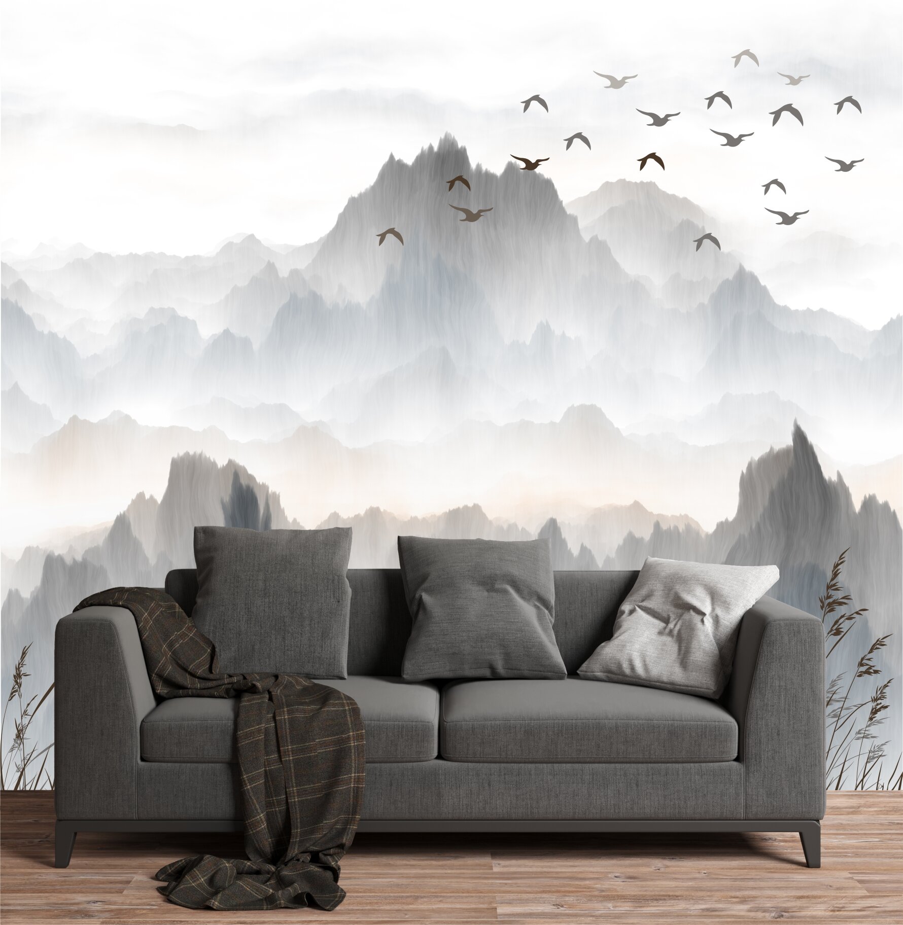 Фотообои флизелиновые на стену "Абстрактные горы с птицами и колосьями" 300х270 см для спальни, гостиной, в зал, в коридор, в офис, на кухню