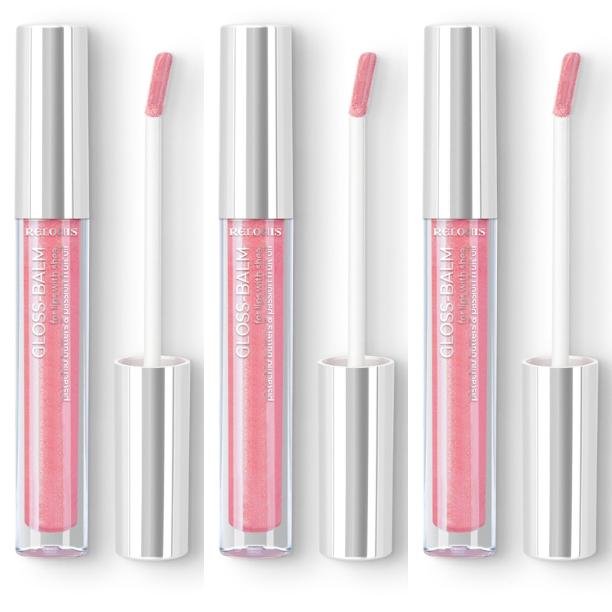 Блеск для губ Relouis, Gloss-Balm, с маслами ши, фисташки и маракуйи, влажный финиш, тон 11 Pink Sorbet, 5 мл, 3 шт