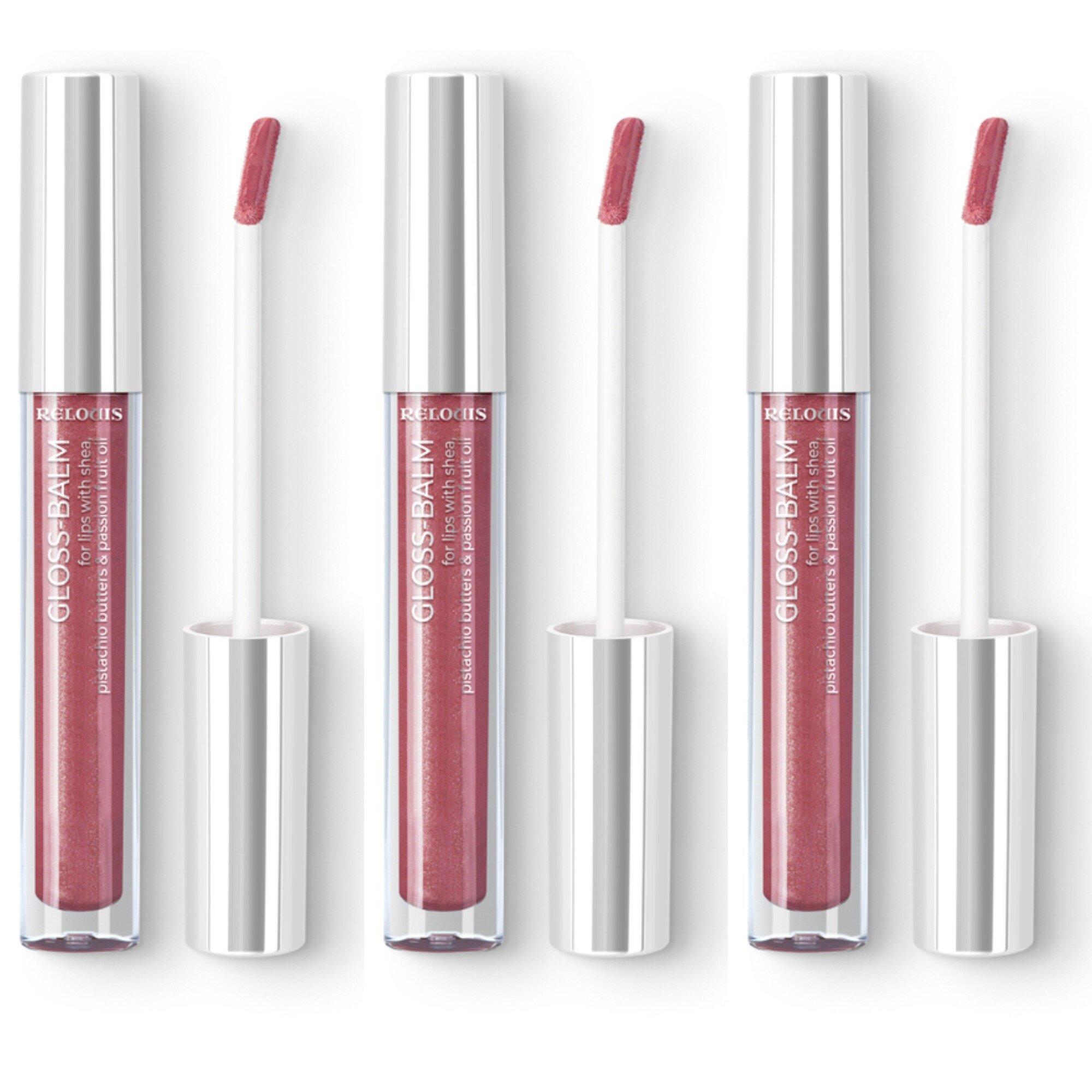 Блеск для губ Relouis, Gloss-Balm, с маслами ши, фисташки и маракуйи, влажный финиш, тон 12 Shiny Cherry, 5 мл, 3 шт