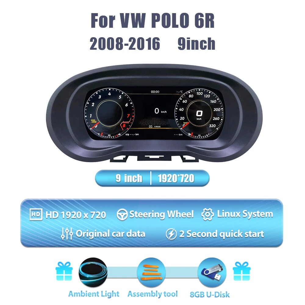 Carcluster 9-дюймовый ЖК-дисплей с цифровой приборной панелью для VW Polo 6R 2008-2016 лет Android-навигация, радиоплеер, карта панели For Polo 6R
