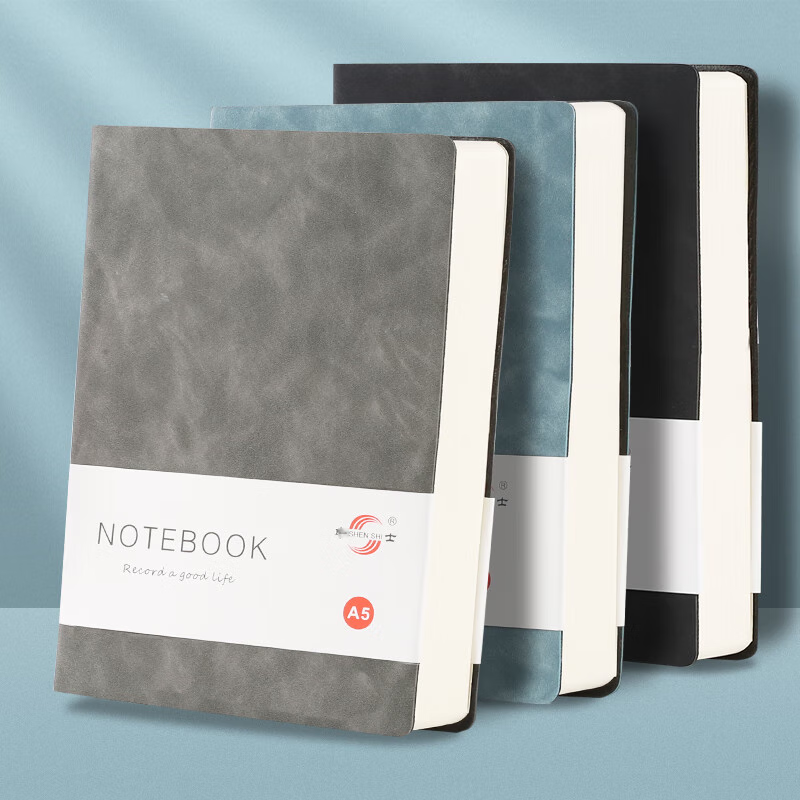 Shen Shi Business Notebook, A5 Size, Leather-Like Cover, Vintage Style, Journal, Diary, 180 Sheets, Thickened Notebook, JD25-180 Gray, Customizable