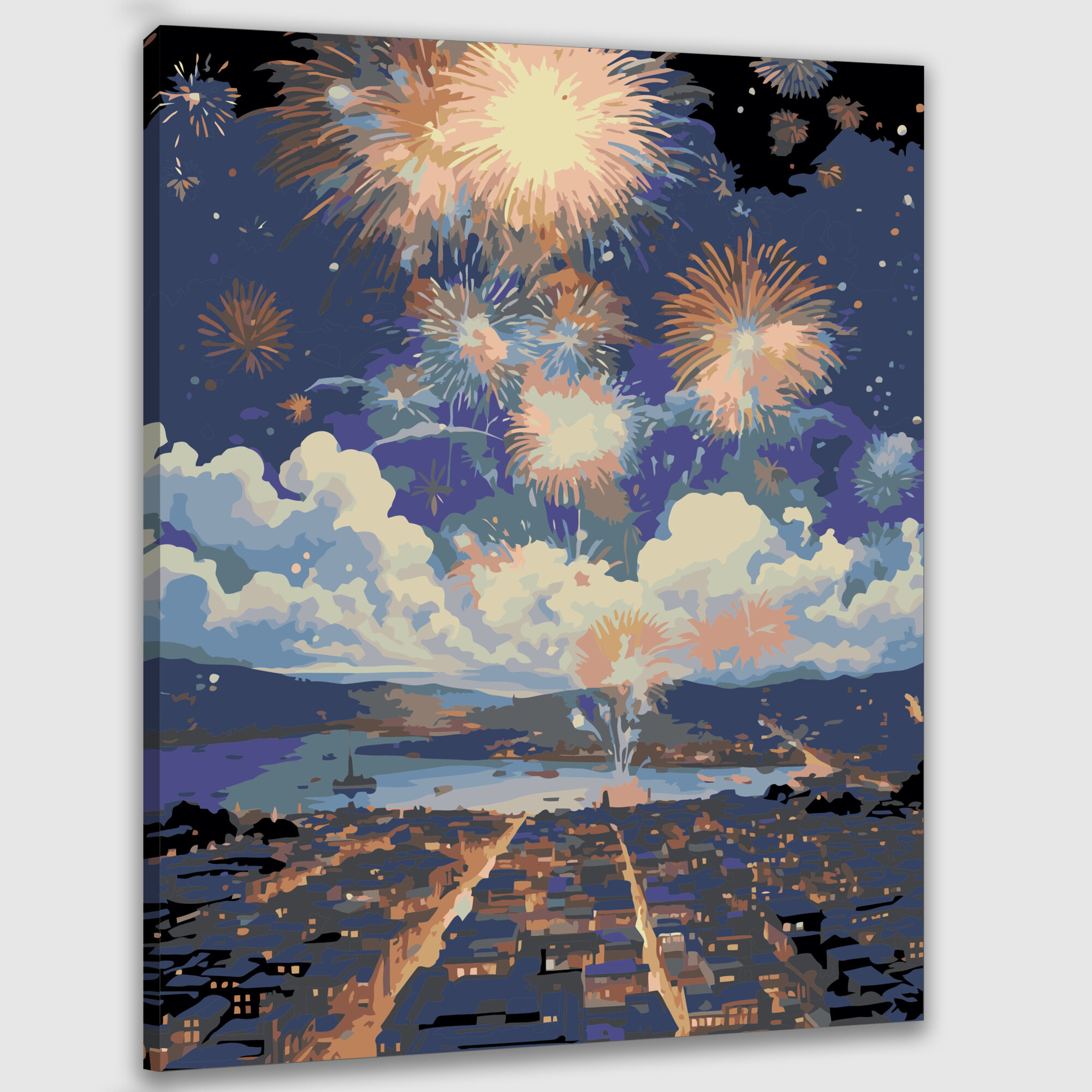 Картина по номерам 40x50 см, фейерверк, новогодний, высота, птичий полет, детали, взрывы, яркие цвета, полосы света