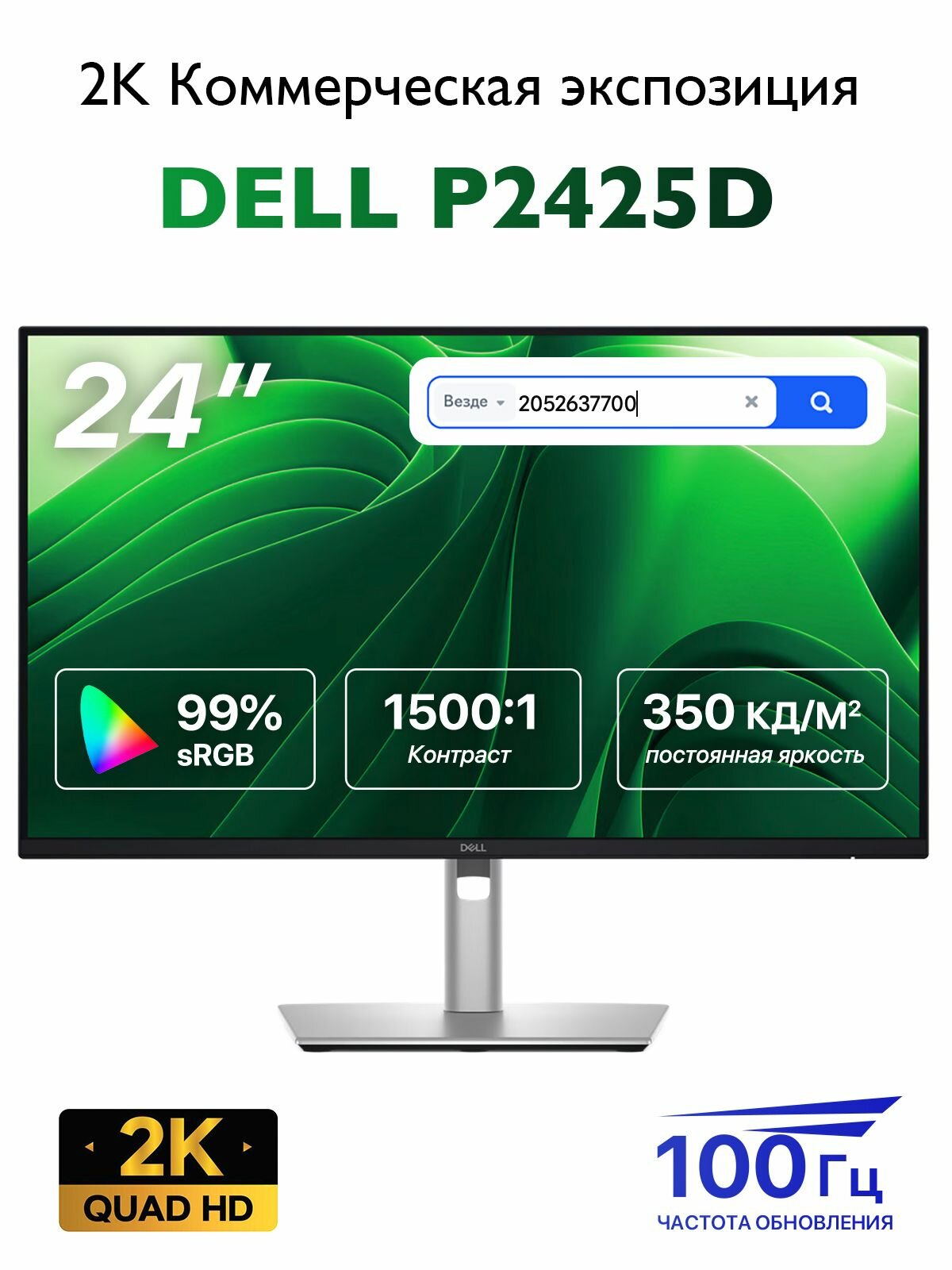 Dell 23.8" Монитор P2425D 2K, 2560x1440, 100 Гц, черный, серебристый