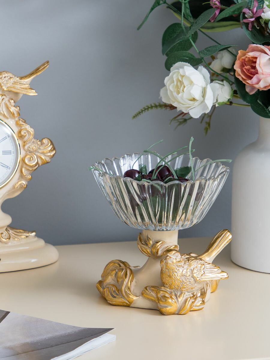 Фруктовница-конфетница из мрамора и стекла на ножке BOGACHO с птичкой