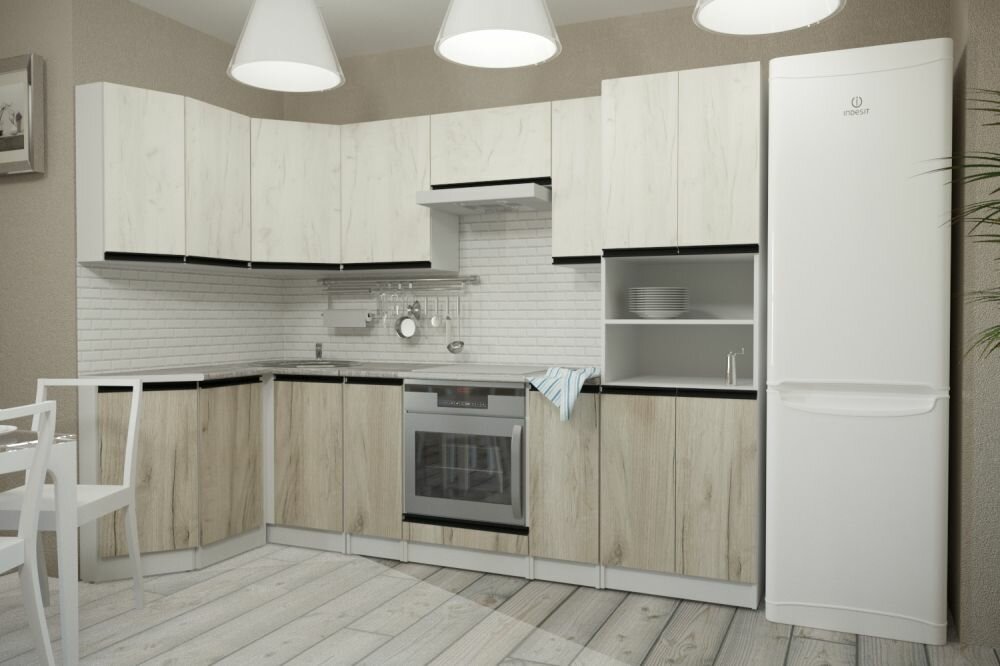 Кухонный гарнитур Паола гранд прайм 2600*1400, Цвет Дуб грей/Дуб браун, ширина 260 см * 140 см, с навесными шкафами, с полками, с тумбой под мойку