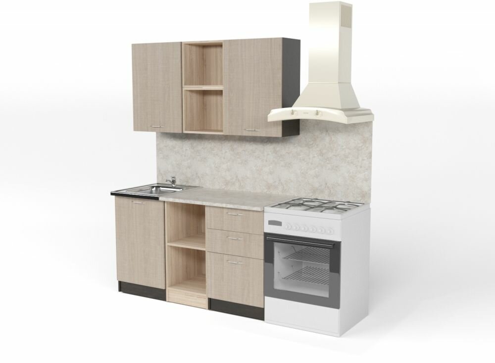 Кухонный гарнитур Надежда медиум 4 1400, цвет Дуб сонома/Карамель, ширина 140 см, прямой, со столешницей, модульный, открытые и закрытые модули, с выдвижными ящиками