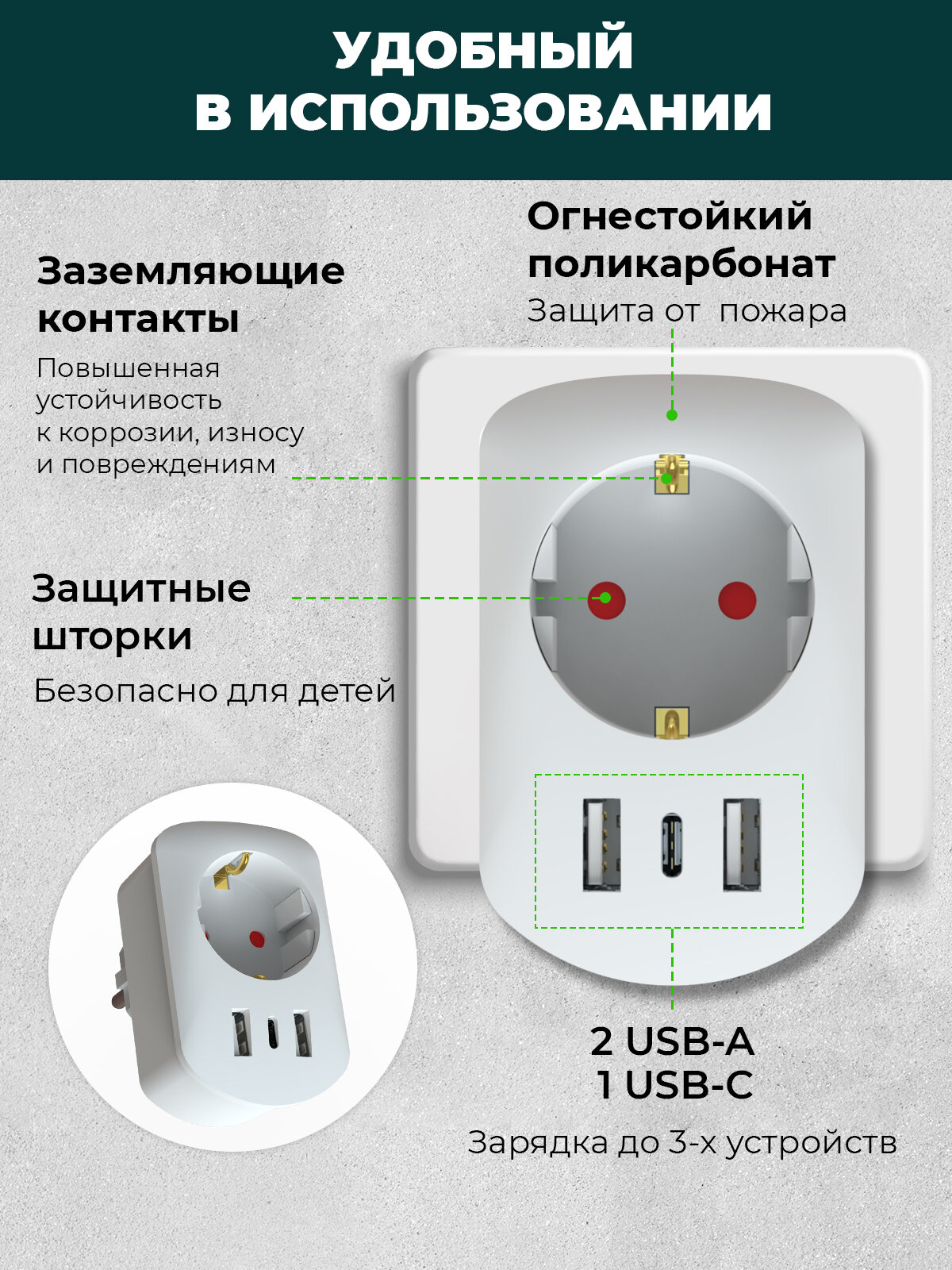 Сетевой фильтр RITMIX RM-012C White, 1 евророзетка, 2 х USB-A и 1х USB-C порты — фото 1