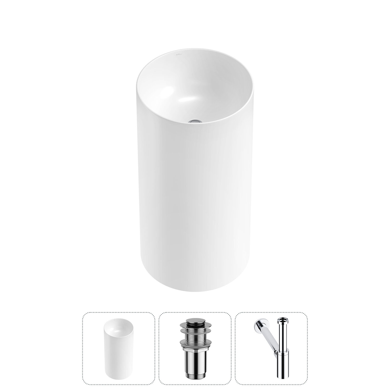 Круглая напольная раковина для ванной Wellsee Callipy Art 20215540R в наборе 3 в 1: отдельностоящая раковина моноблок в цвете белый глянец, донный клапан, сифон